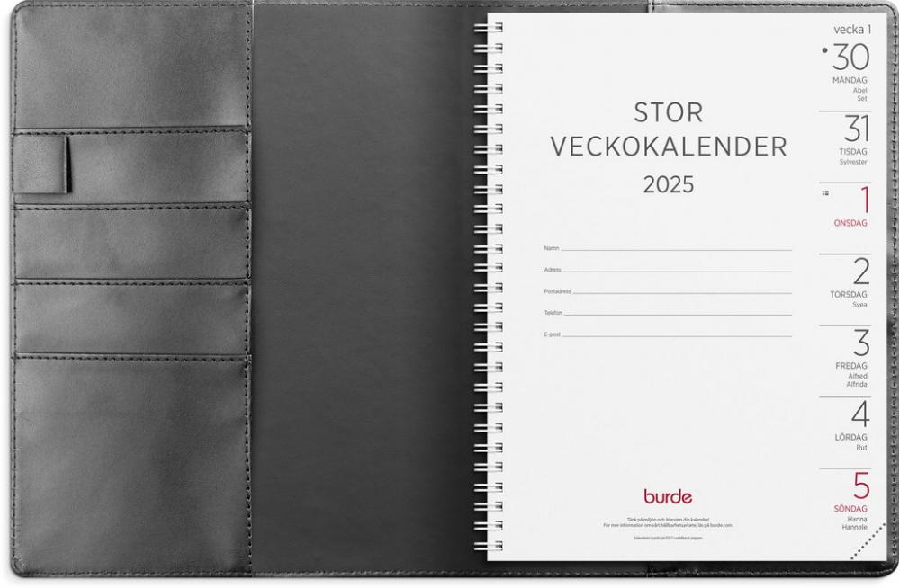 Stor Veckokalender svart konstläder 2025 med slejf