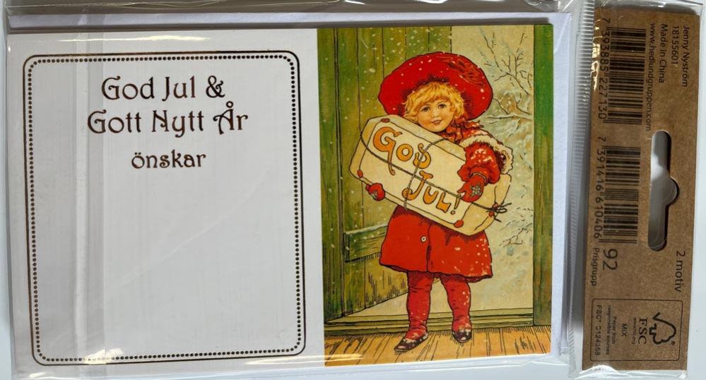 Julkort 8-pack med kuvert Tomtar och gran/Flicka och paket