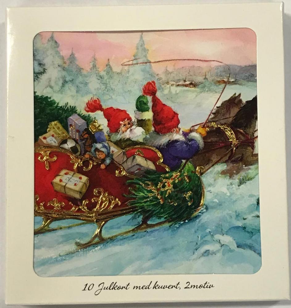 Julkort Cancerfonden 10-pack Tomte i släde/paket