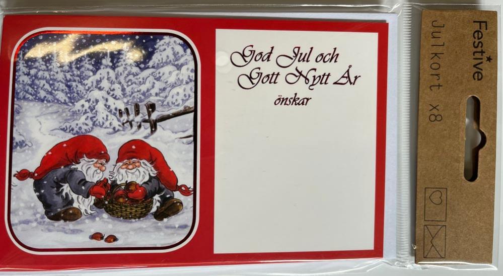 Julkort 8-pack med kuvert Tomte håller lykta/Tomtar och korg